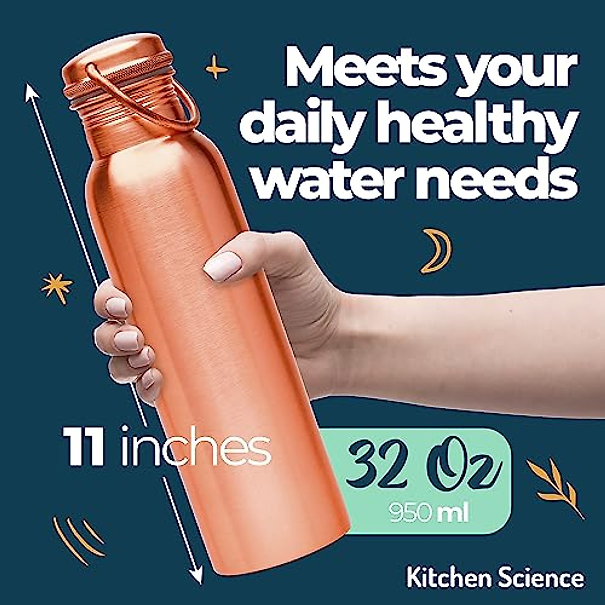 Kitchen Science Copper Water Bottle (34 Oz /1000 ml) with Carrying Canvas Bag & Sleeve| 100% Pure Copper Bottle for Drinking Water | Leak-Proof | Authentic Ayurvedic Copper Water Bottle