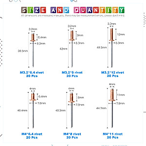 Glarks 120Pcs 6 Size Red Copper Blind Rivets Pop Rivets Assortment Set for Sheet Metal, Automotive, Railway, and Furnitures
