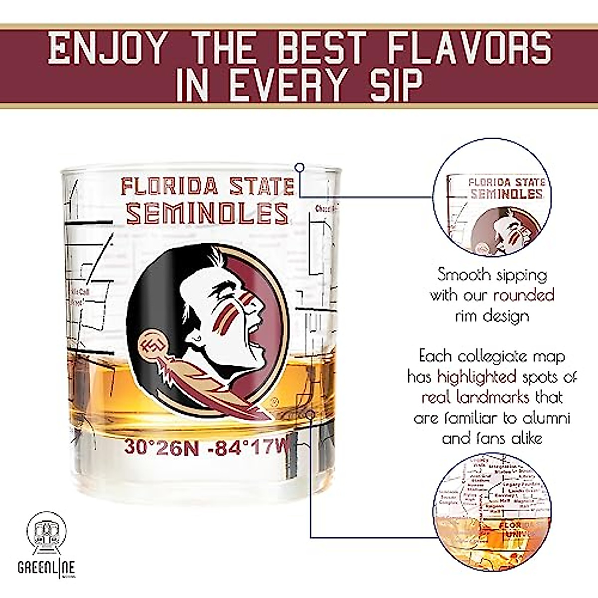 Florida State University Whiskey Glass Set (2 Low Ball Glasses) - Contains Full Color Seminoles Logo & Campus Map - Osceola and Renegade Gift Idea for College Grads & Alumni - Glassware