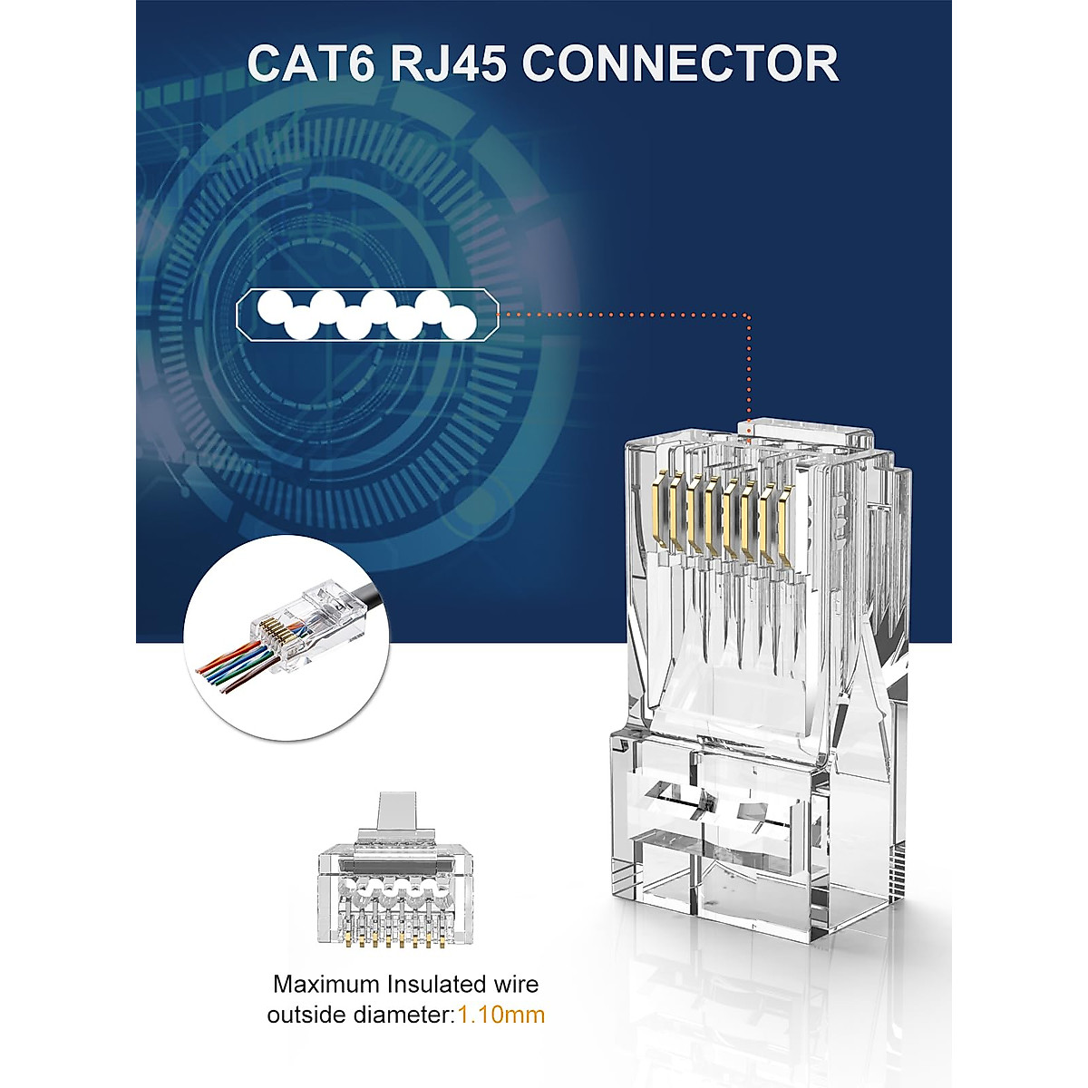 CableCreation RJ45 Pass Through Connectors, 50-Pack Cat6/Cat5e Gold Plated Modular Plug Unshielded Crimp Connector for Solid or Stranded UTP Ethernet Cable