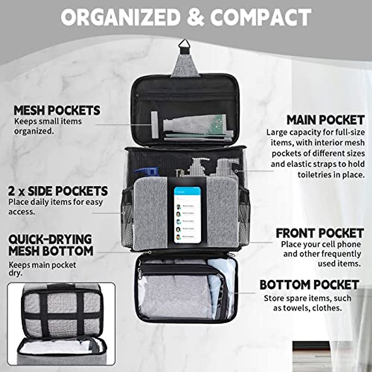 Funambulist Large-Capacity Shower Caddy Portable Dorm Room Essentials for College Students Girls/Guys (Grey)