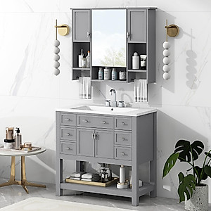 Merax Bathroom Medicine Cabinet with Mirror, Wall Mounted Bathroom Storage Cabinet with Mirror Door & Open Shelf, Over The Toilet Space Saver Storage Cabinet with Towel Rack (Grey Medicine Cabinet)