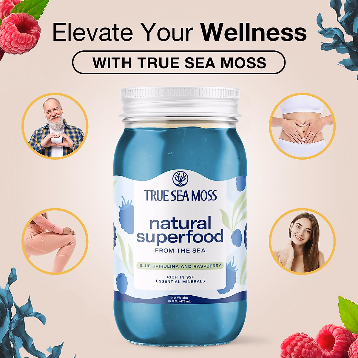 TrueSeaMoss Wildcrafted Irish Sea Moss Gel - Made with Dried Seaweed & Fresh Sea Vegetables, Seamoss - Made in USA (Blue Spirulina and Raspberry, Pack of 1)