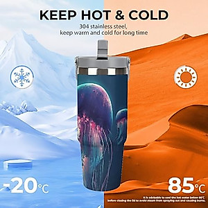 30oz Stainless Steel Insulated Tumbler with Flip Lid & Straw, Leakproof Travel Mug for Car, Color Jellyfish Double Wall Vacuum Thermal Coffee Cup with Handle, Spill-Proof Design for Hot/Cold Drinks
