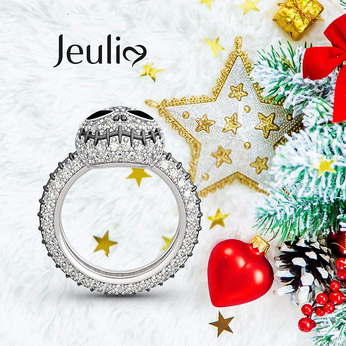 JEULIA "Pumpkin King Jack Skull Women Rings 925 Sterling Silver Skull Diamond Ring Bridal Set Wedding Engagement Anniversary Promise (7.0(U.S))