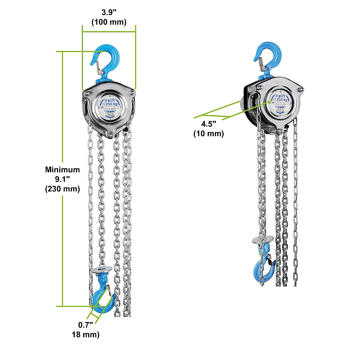 Tractel Manual Chain Hoist | 1/4 Ton - 500 lbs Capacity | 10 ft Steel Chain | Industrial-Grade Steel for Construction, Workshops, Garages | Tralift 56429