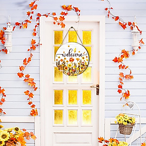 Thanksgiving Floral Door Sign Decor Hello Fall Front Door Sign Thanksgiving Floral Welcome Hanging Plaque Rustic Autumn Round Hanging Sign for Outdoor Porch Home Decoration