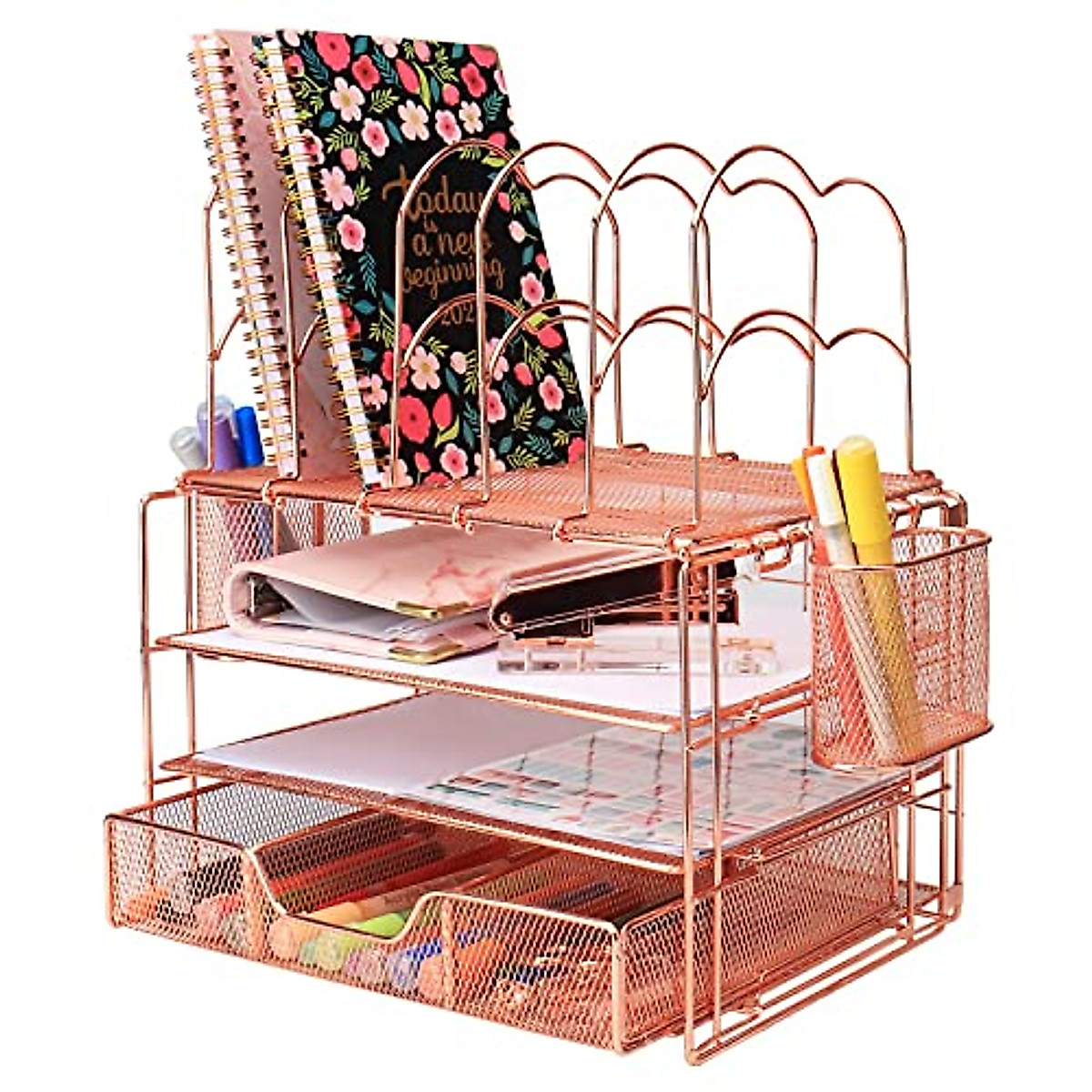 Desk Organizers and Accessories, 4 Tier Desk Organizers with 5 Upright Sections, 2 Pen Holders and Drawer, Desk accessories & workspace organizers, for School Home Office Supplies Organizer, Rose Gold