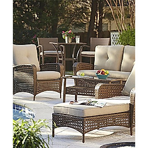 Cosco Outdoor 3 Piece High Top Bistro Lakewood Ranch Steel Woven Wicker Patio Balcony Furniture Set with Cushions, Brown