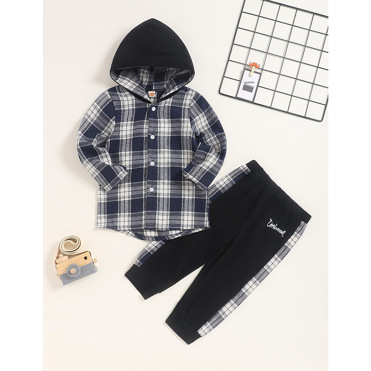 Fuermos Toddler Baby Boys Clothes Flannel Lattice Button Down Hooded Tops +Pants Boys Fall Winter Outfits(5-6T)