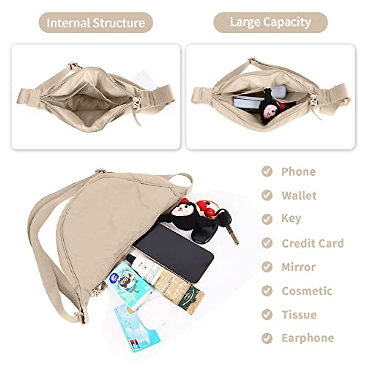Nylon Crescent Crossbody Bag for Women Purses Trendy Men,Small Travel Sling Bag Hobo,Lightweight Fanny Pack with Zipper Adjustable Strap,Round Soft Shoulder Pouch Bag for Everyday Use Sport(Beige)