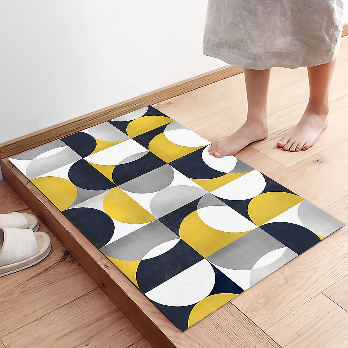 Middle Ages Kitchen Rug Set 2 Piece, Non Slip Kitchen Rugs and Mats Cushioned Anti Fatigue Kitchen Floor Mat Comfort Standing Kitchen Mat Set Yellow Grey Geometric Circle Vintage Art Pattern