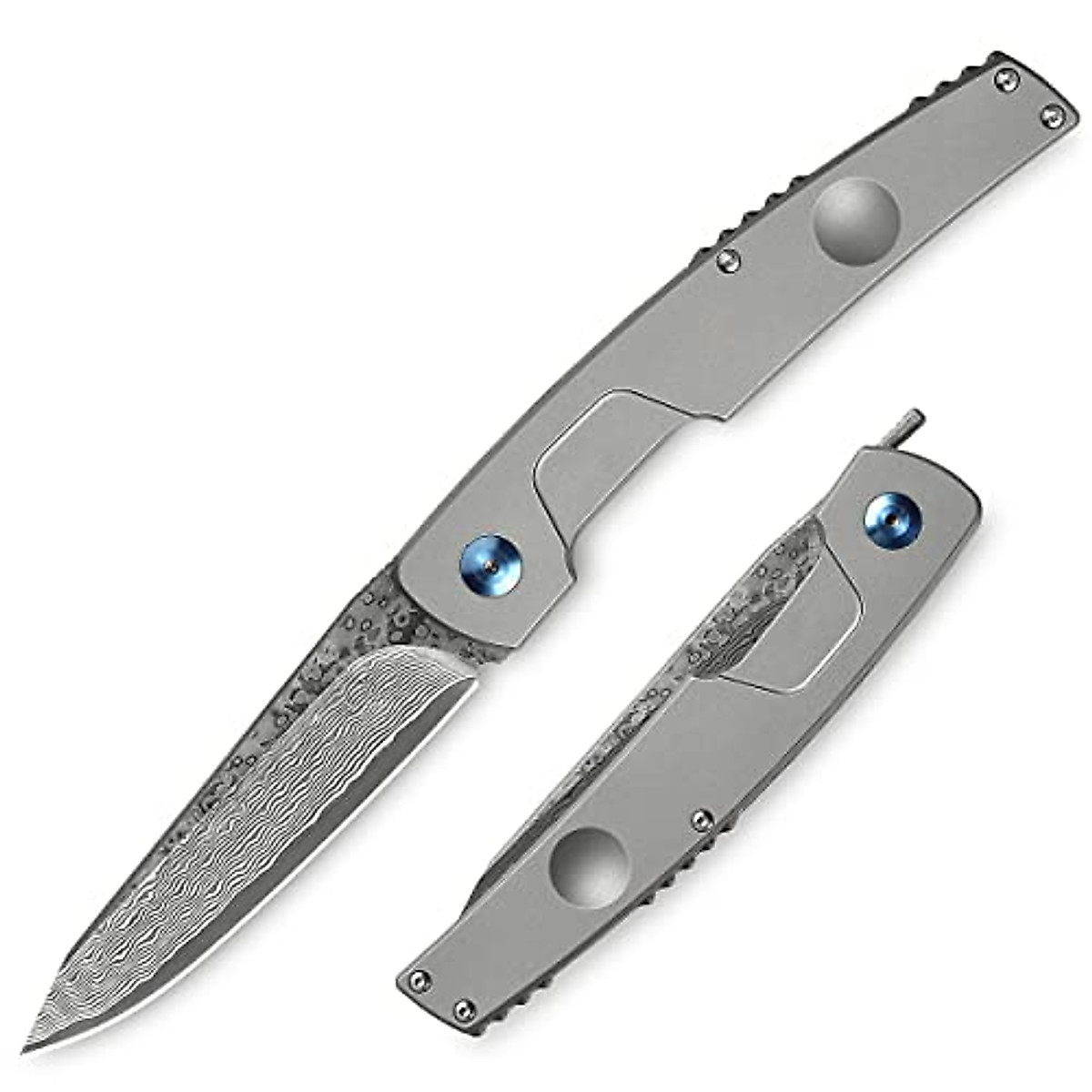Miki Camping Pocket Folding Japanese Knife, Titanium Handle, Frame Lock, Handmade Damascus Steel Blade, Leather Sheath