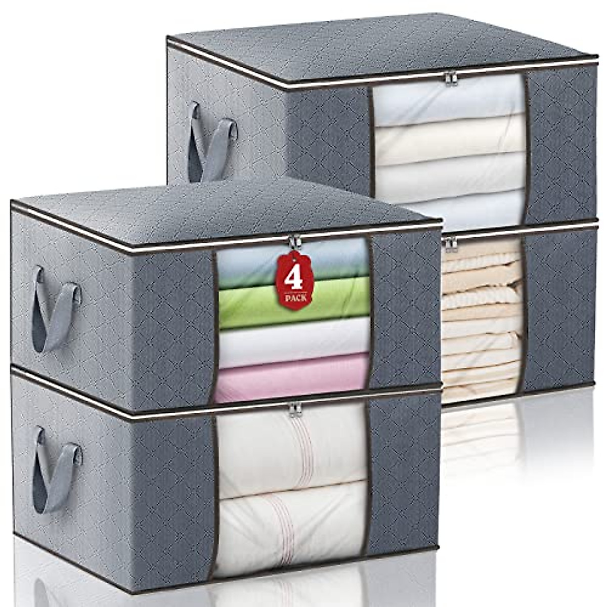 90L Large Storage Bags - 4 Pack Clothes Storage Bins, Foldable Closet Organizer Storage Containers with Durable Handles and Thick Fabric for Comforters, Clothing, Blanket, Bedding and Toys (Grey)