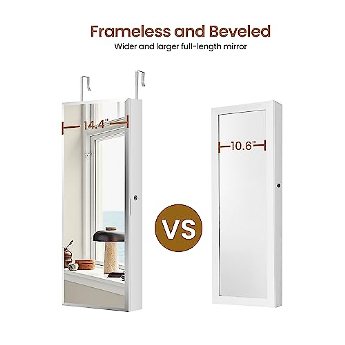 Hzuaneri 8 LEDs Jewelry Cabinet Armoire, 42.7" Tall Frameless Mirror Jewelry Organizer, lockable Wall/Door Mounted Makeup Jewelry Storage with Mirror, 4 Shelves, White and Black JC10803B