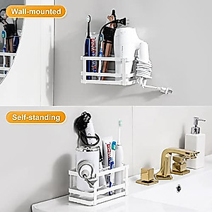 VITVITI Hair Dryer Holder Wall Mounted, Hair Styling Tools Organizer, Flat Iron/Curling Wand Storage Basket, for Blow Hairdryer/Hair Straightener Brush/Bathroom, White Metal