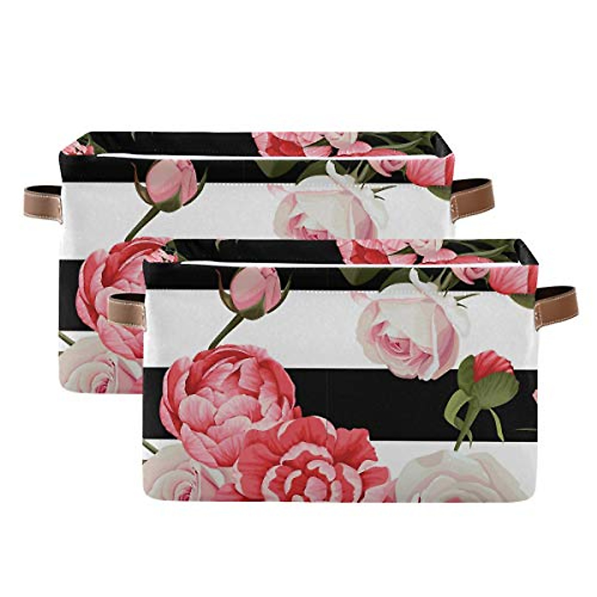 AGONA Large Foldable Storage Bin Peony Roses Black White Stripes Storage Bins Collapsible Decorative Fabric Storage Baskets with Leather Handles for Home Closet Bedroom Organizer Nursery 1 Pack