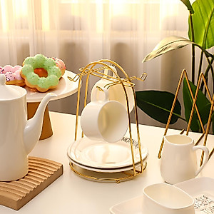 jojofuny Golden Metal Tea Mugs Display Stand 4 Hook European Style Cups Holder Tree Wrought Iron Saucer Organizer Rack for Coffee Home Jewelry Entryway Key Bar Accessories