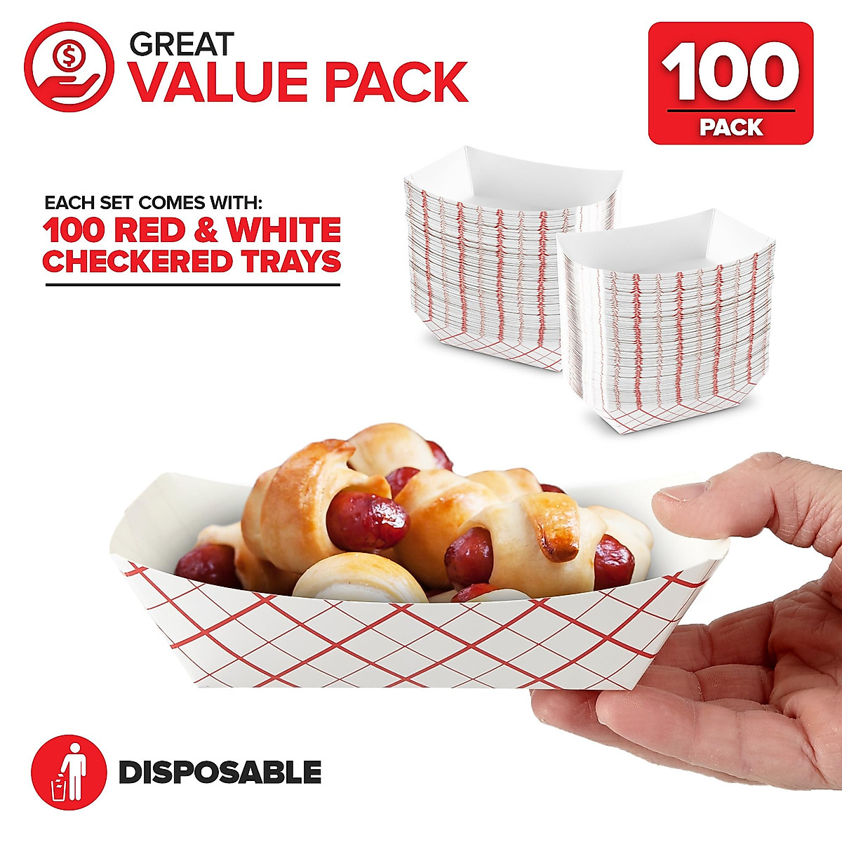 Small Paper Food Boats (100 Pack) 1 Lb Disposable Red & White Checkered Paper Food Trays, Eco Friendly Paper Food Trays, Serving Boats for Concession Food & Condiments, Paper Nacho Trays 4.25" x 2"
