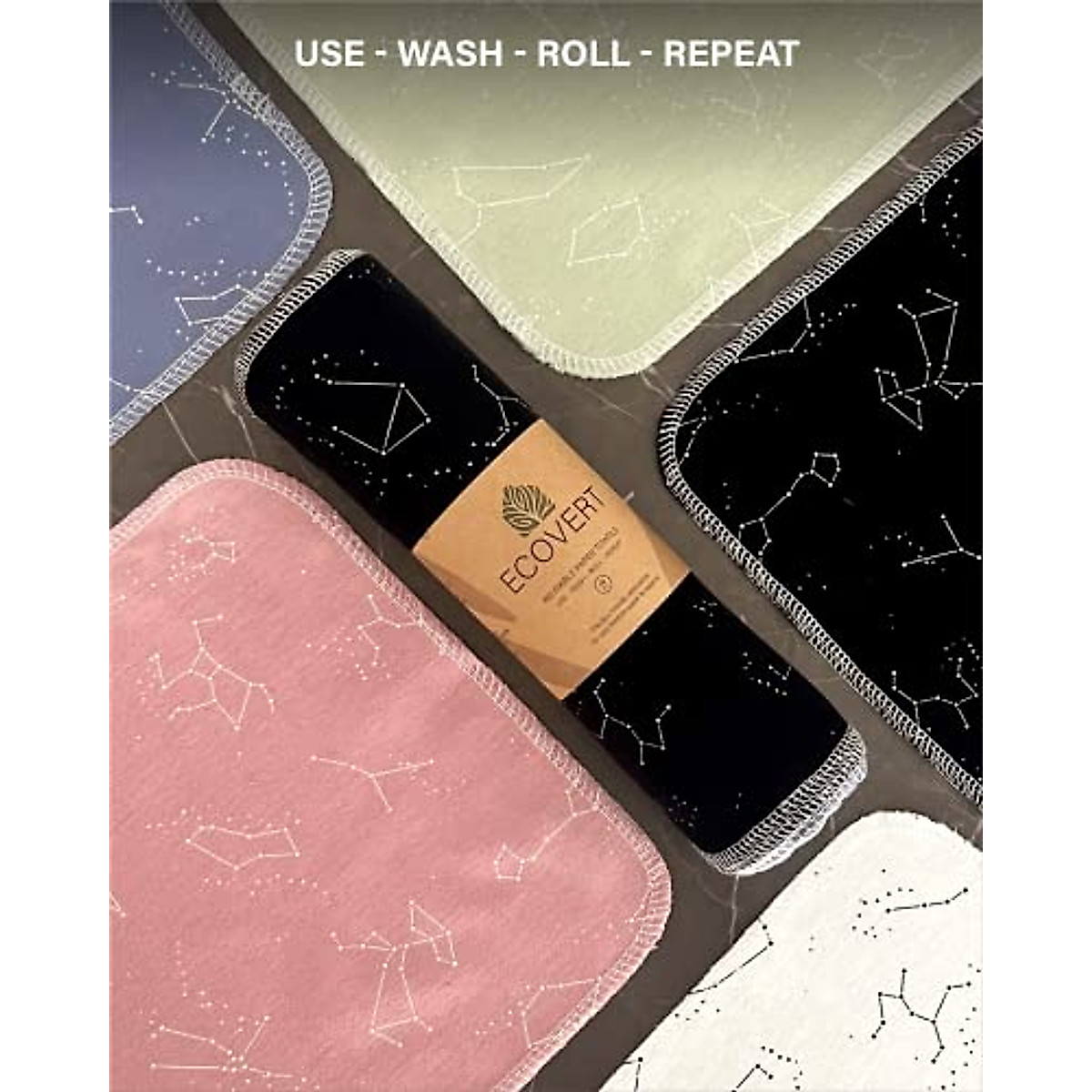 ECOVERT Reusable Paper Towels - 15 Pack with Special Cardboard Roll - Highly Absorbent 10X10inches 100% Cotton Flannel Napkins - Eco Friendly Paperless Alternative - Constellation Design (Stars)