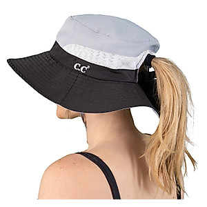 Funky Junque Ponytail Sun Hat Foldable Mesh Outdoor Beach Bucket Hat, Black/Grey