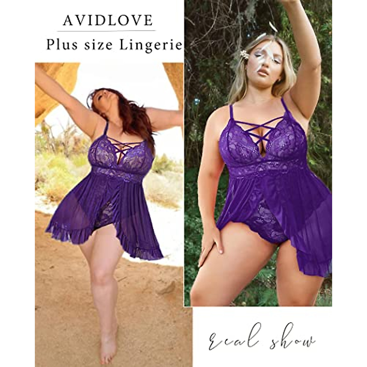 Avidlove Lingerie For Women Plus Size Babydoll Lace Nighties Sexy Strappy Exotic Sleepwear (Purple,XXL)