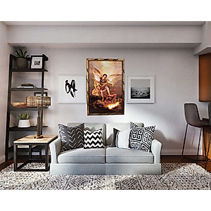 DVDMATINEMOVIES - St. Michael Archangel Oil painting, Special Wooden Rustic Frame 24" x 36" inches St. Michael Archangel Art, San Miguel Cuadro rustico, Acrylic Coating, wall hang, wall decor, General Purposes