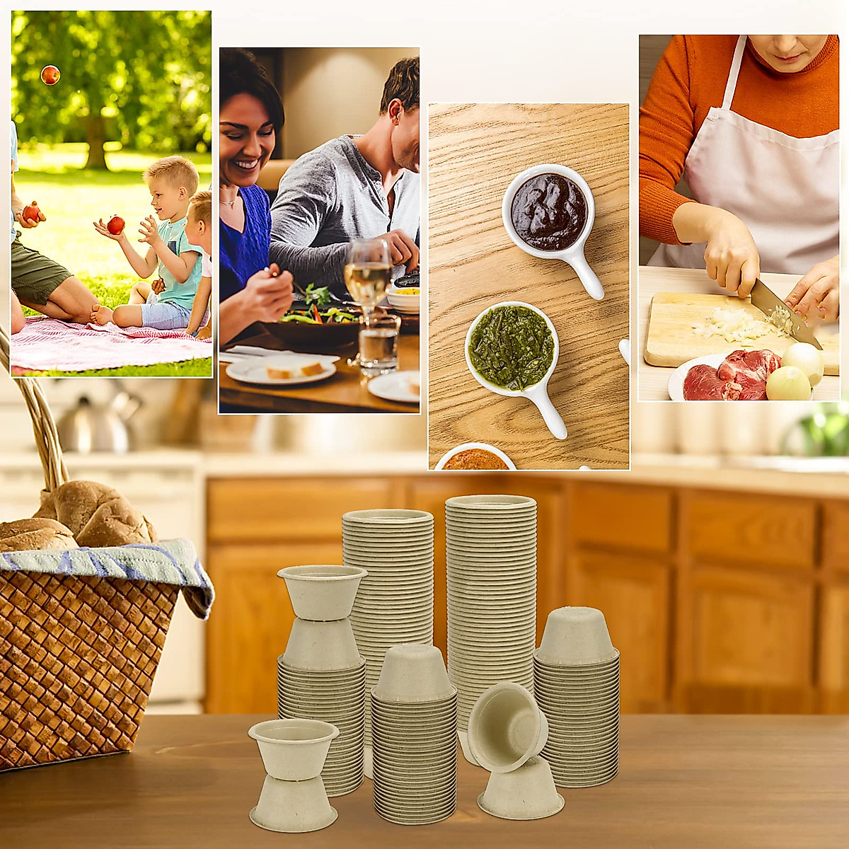 LeonBach 200 Pack 2oz Natural Sugarcane Paper Bowls, Compostable Paper Condiment Snack Sample Tasting Serving Cups Biodegradable Food Containers Small Dipping Cup