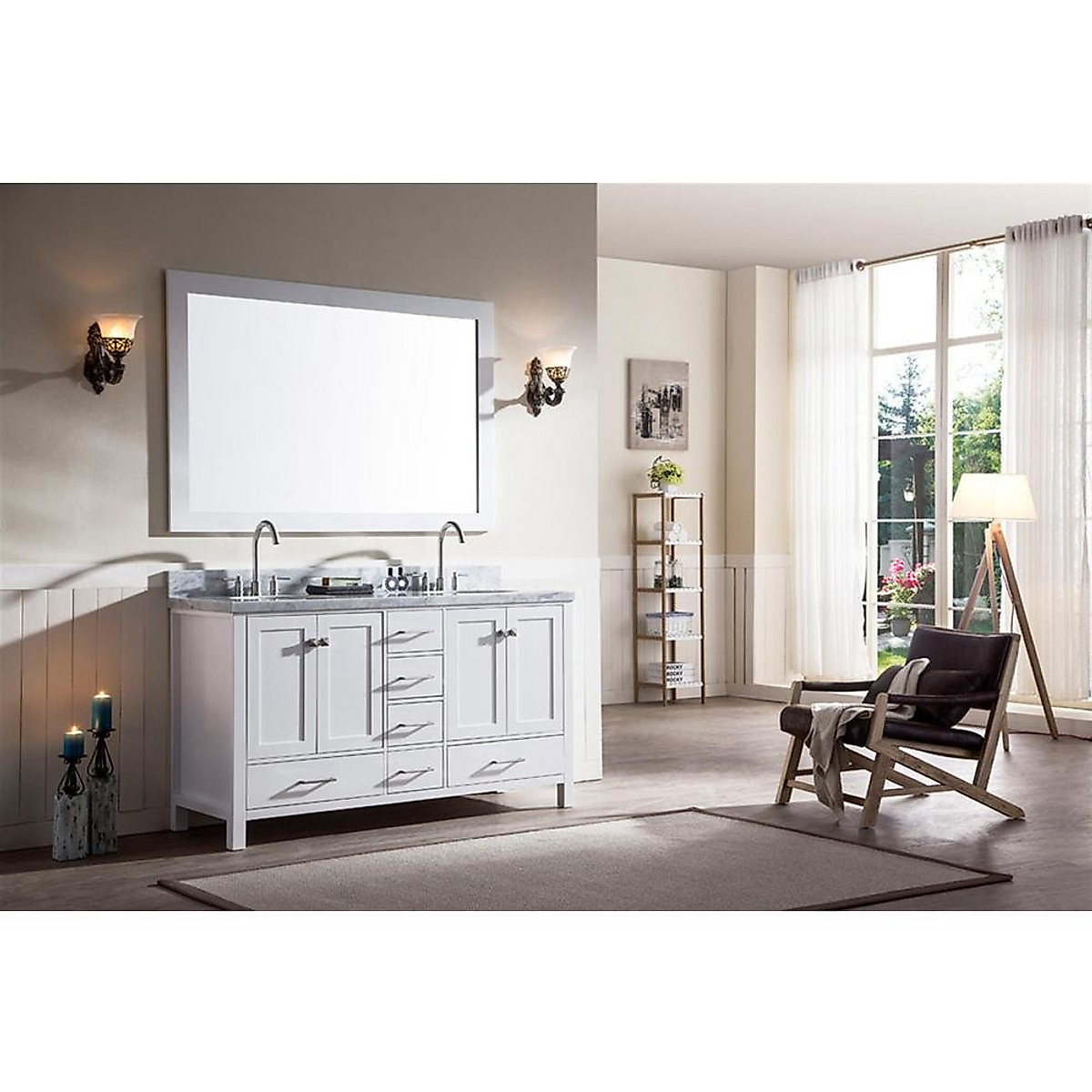ARIEL Cambridge A061D-VO-WHT 61" Inch Double Oval Sink Solid Wood White Bathroom Vanity with 1.5" Inch Edge Carrara Marble Countertop