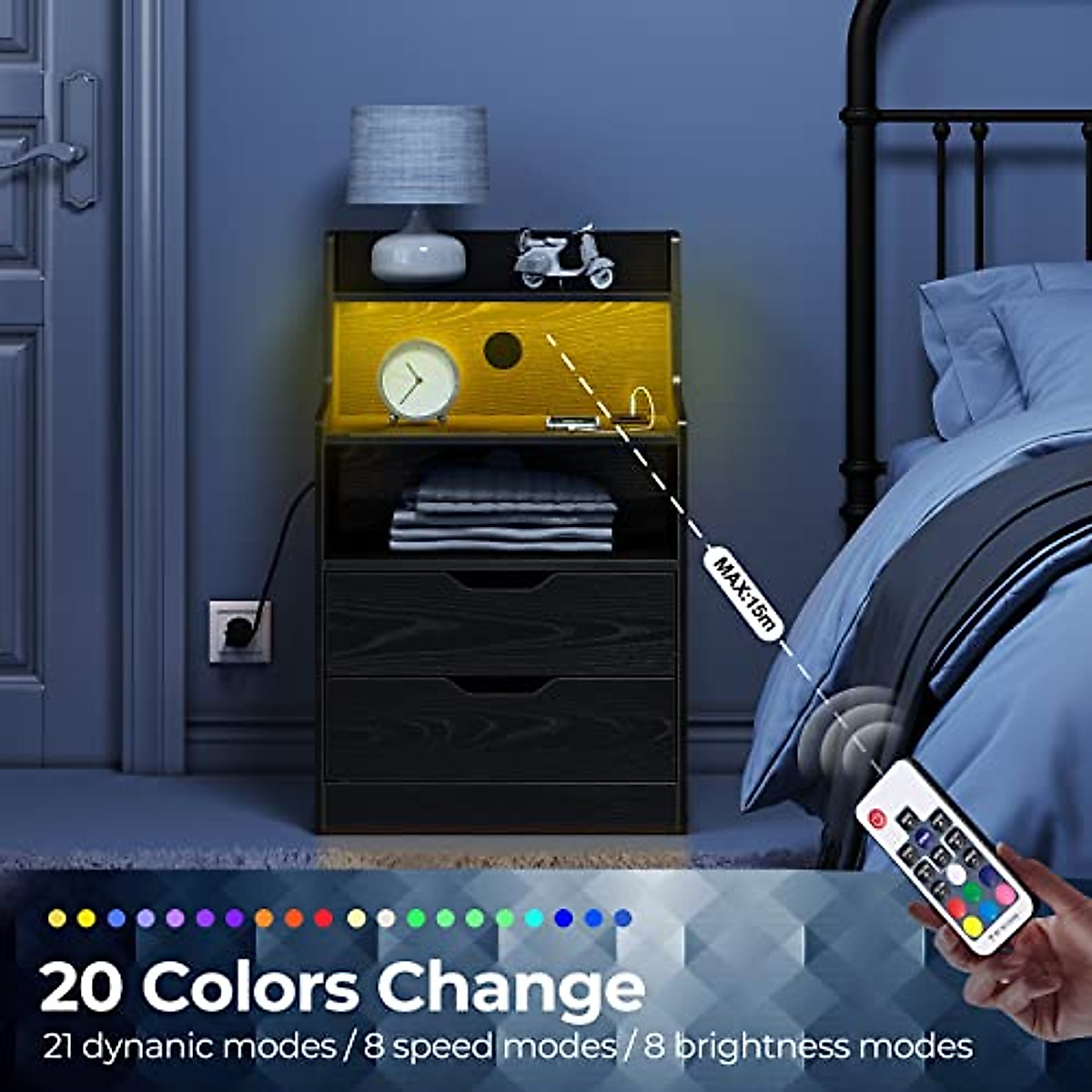 Rolanstar Nightstand with Charging Station and LED Lights, 2 AC and USB Power Outlets, Night Stand with 2 Drawers and Storage Shelves, Bedside Table for Bedroom - Black