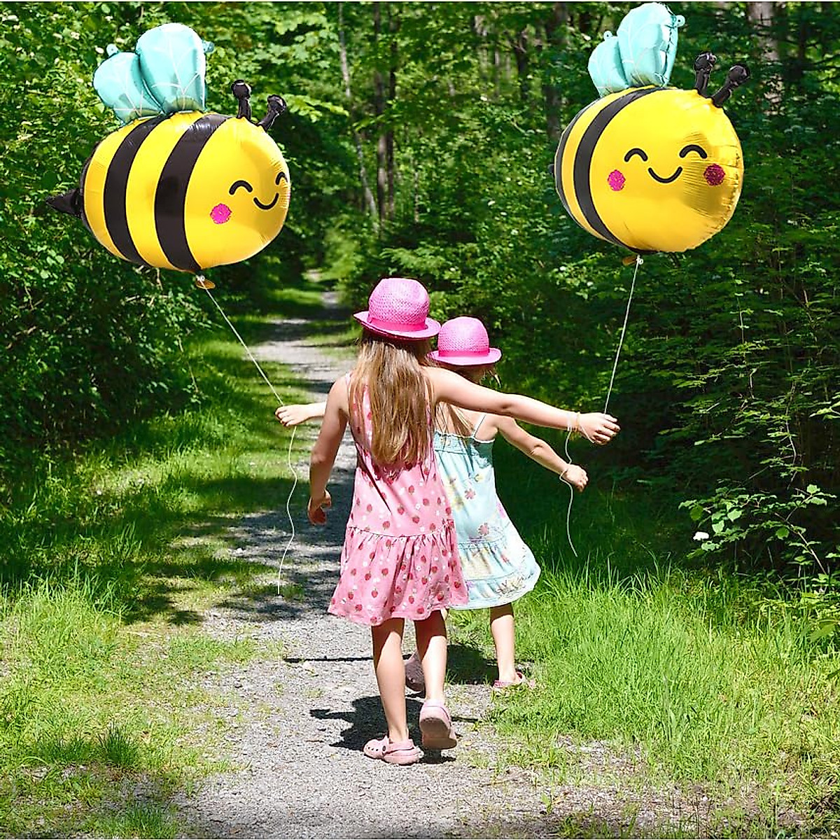 Cute Smile Face Bee Balloons Lovely Woodland Honeybee Balloons Bee Theme Birthday Supplies Party Decorations Baby Shower, 6 Pack Big Cartoon Bumblebee Mylar Foil Balloons Animal Party Balloons