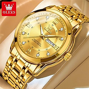 OLEVS Gold Watches for Men Luxury Stainless Steel Man Watch Roman Numerals Gold Men's Wrist Watch Waterproof Dress Analog Big Face Easy to Read Reloj De Hombre