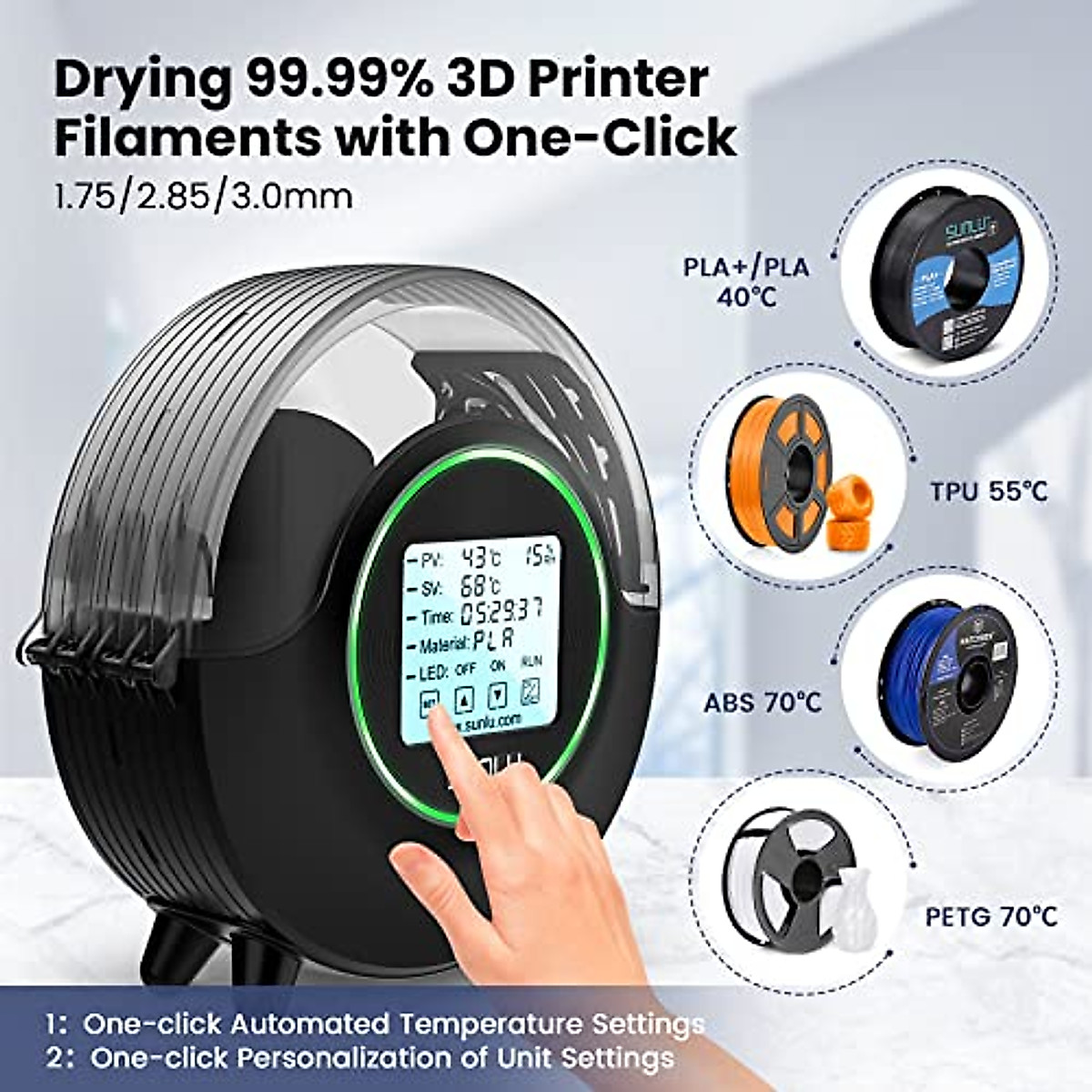 3D Printer Filament Dryer Box, SUNLU FilaDryer S2 for 3D Printing, PLA+ 3D Printer Filament 1.75mm Dimensional Accuracy +/- 0.02 mm, S2 Dryer Box & PLA+ Grey