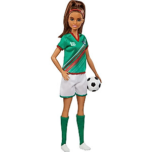 Barbie Soccer Fashion Doll with Brunette Ponytail, Colorful #16 Uniform, Cleats & Tall Socks, Soccer Ball 11.5 inches
