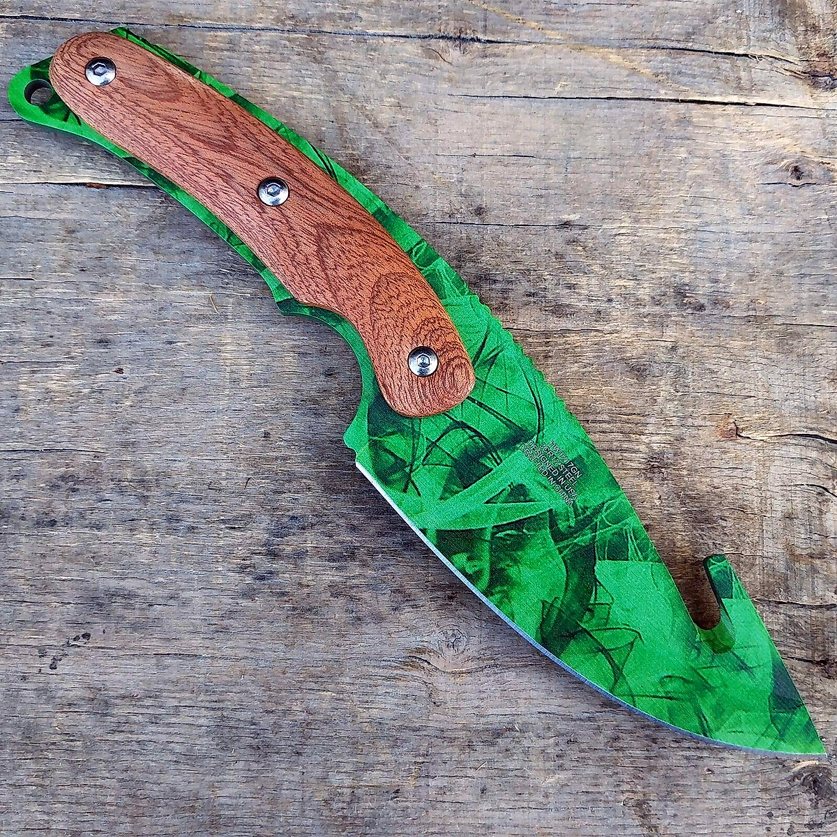 Forest Green Fixed Blade Full Tang Hunting Wood Handle Gut Hook Stainless Steel Survival Knife
