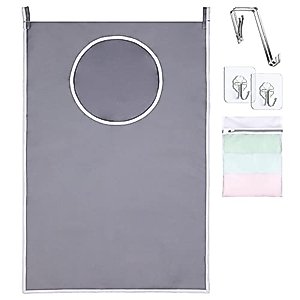 Hanging Laundry Hamper(35"L x 22"W) with 2 Adjustable Stainless Steel Over Door Hooks 30Lb & 2 Adhesive Hooks 2.75"L 25Lb& Grey Mesh Laundry Bag. Large Size Door Hamper for Kids Room, Bathroom, Dorm