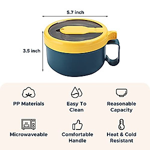 MON10 Microwave Ramen Bowl Set Noodle Bowls With Lid and Spoon, Microwave Safe Ramen Cooker Noodle or Soup Bowl, BPA Free, Office College Dorm Room essential Instant Cooking (Yellow)