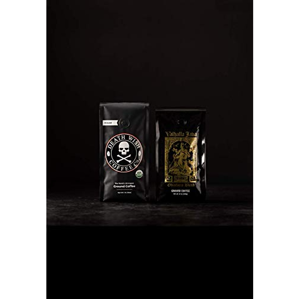 Death Wish Coffee Co. Dark Roast Grounds 16 Oz & Valhalla Java Dark Ground Coffee 12 Oz- Extra Kick of Caffeine in 1 Powerful Bundle - Hardcore Coffee from Arabica & Robusta Beans for Tough Days
