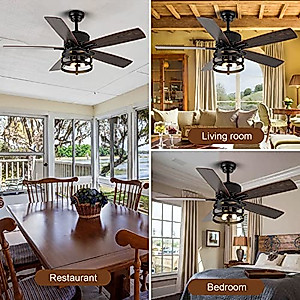 Farmhouse Rustic Ceiling Fans With Lights, Outdoor Ceiling Fan For Patios With Light, 52 In Industrial Ceiling Fan 5 Blade Large Airflow Dual Finish Wood Blades Ceiling Fan, Reversible Dc Quiet Motor