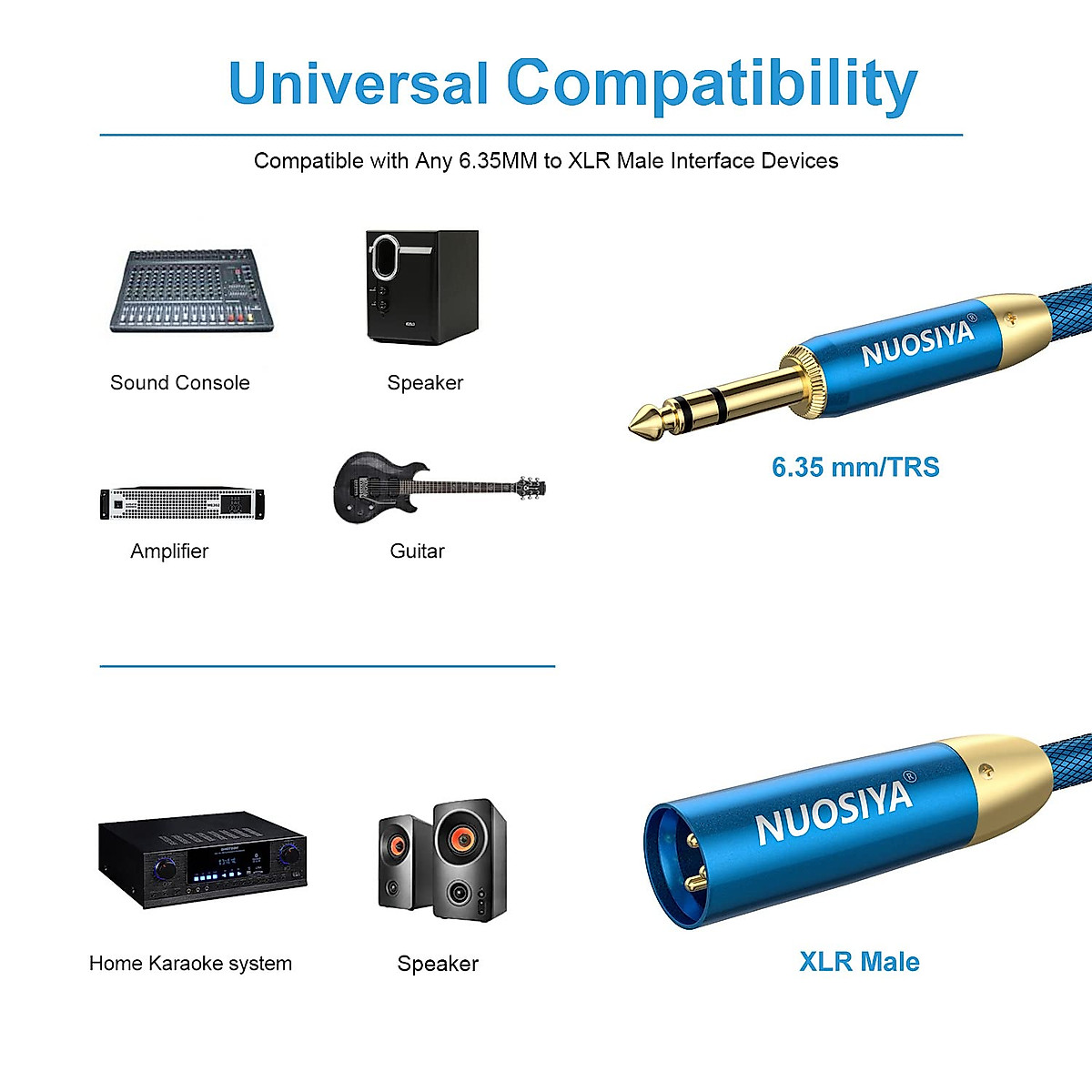 NUOSIYA XLR Male to 1/4 (6.35mm) TRS Cables 6ft 2-Pack, Nylon Braided Balanced TRS to XLR Male Gold Plated Speaker Cord Quarter Inch Jack Signal Interconnect Wire for Microphone, Mixer, Amplifier