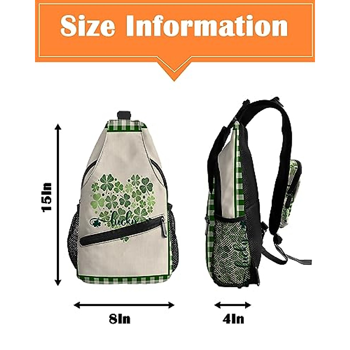 Sling Backpack, St. Patrick's Day Lucky Shamrocks Clover Love Heart Green Buffalo Plaid Waterproof Lightweight Small Sling Bag, Travel Chest Bag Crossbody Shoulder Bag Hiking Daypack for Women Men