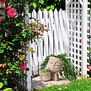 WEWEOW Face Planter Pot - Double Flower Pots in One for Indoor Outdoor Plants Resin Head Planter with Drainage Hole Cute Lady Face Plant Pots