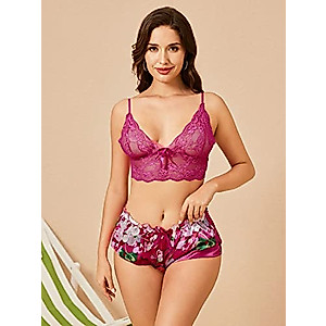 WDIRARA Women's Pajamas Set Lace Satin Sexy Lingerie with Cami Floral Shorts Sleepwear Floral Hot Pink S