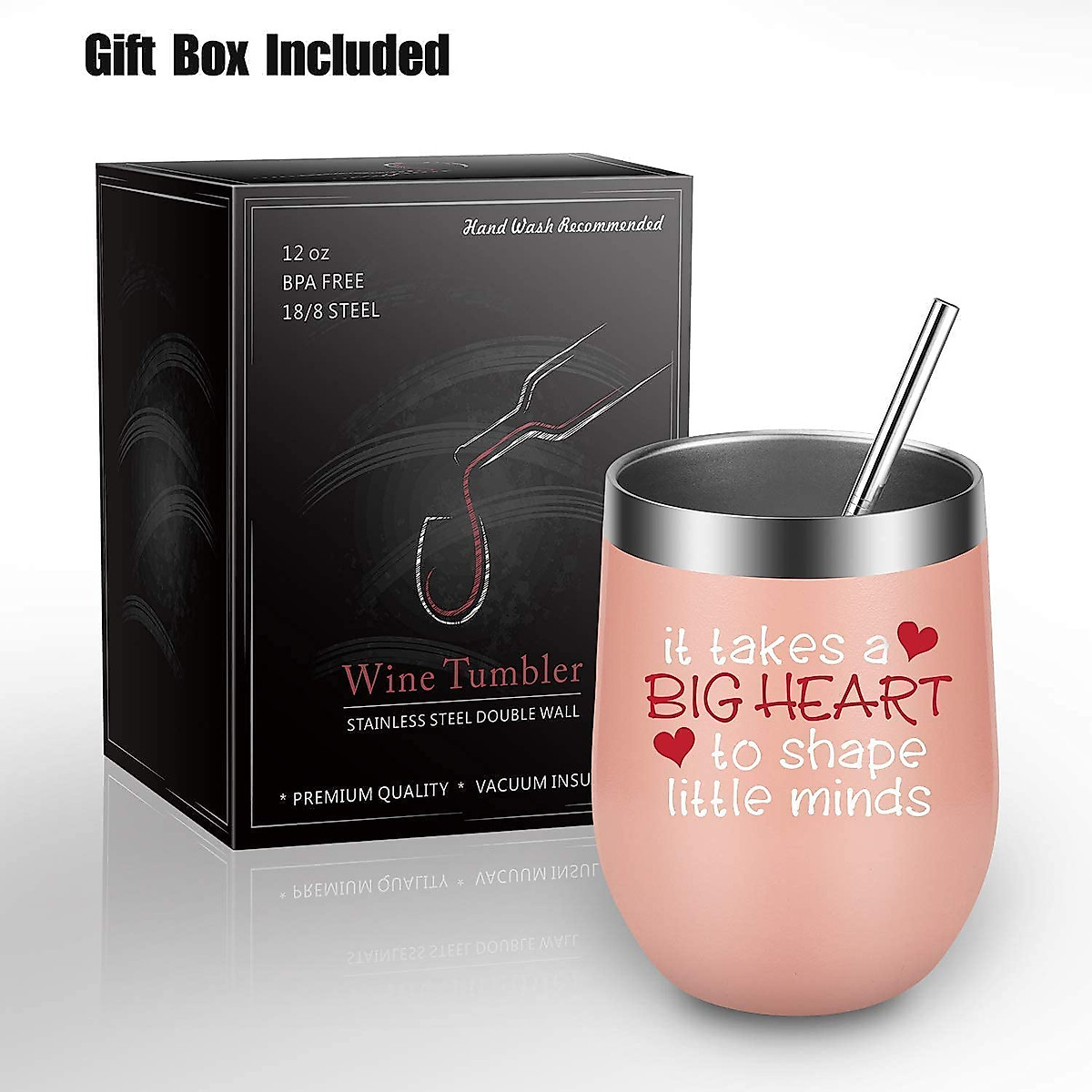 LEADO Teacher Gifts for Women, Teacher Appreciation Gifts - Funny Thank You Gifts, Christmas, Birthday Gifts for Teachers - It Takes a Big Heart to Shape Little Minds Wine Tumbler, 2 Pack