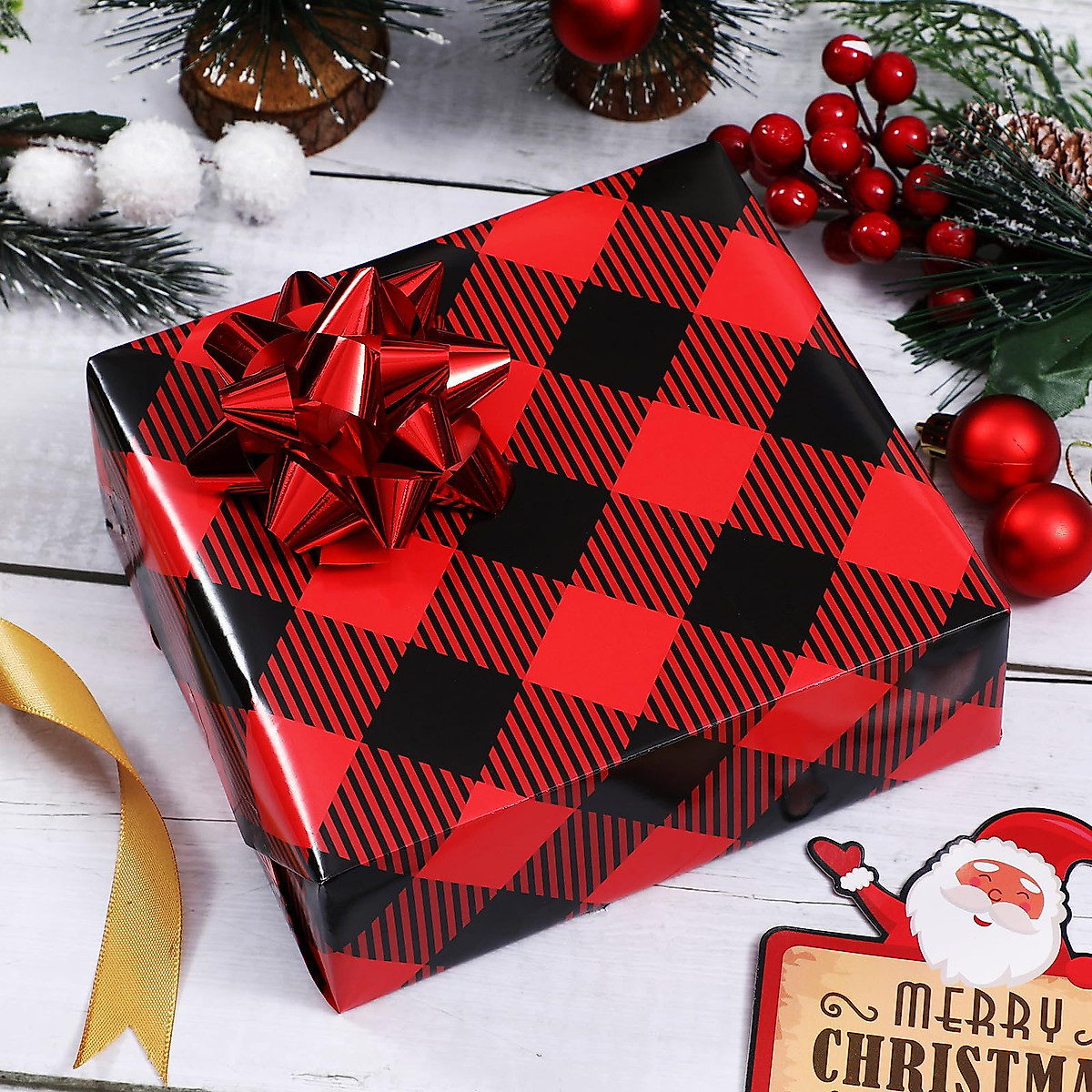 PlandRichW Christmas Wrapping Paper 12 Sheets Folded for Kids Boys Girls Men Women Gifts. Red, Black and White, Greetings, Reindeer, Plaid and Snowflakes, 20 X 29 Inches Each