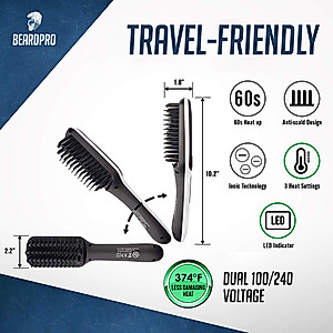 BeardPro Beard Straightening Brush - Professional Grade Anti Frizz Ionic Wet/Dry Hair Straightener with Ceramic Plate - Portable Heated Hairbrush & Styling Tool for Men