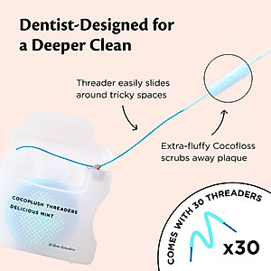 Cocofloss CocoPlush Threaders, Dental Floss for Implants, Bridges, and Braces, Mint, Waxed, Dentist-Designed Oral Care with Coconut Oil, 30 Per Pack