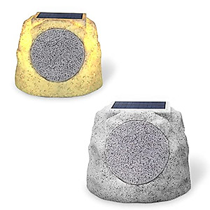 Outdoor Speakers Waterproof 2pack for All Seasons & Solar Powered with Rechargeable Battery Rock Speakers Wireless Bluetooth with Colorful LED Light for Garden, Patio (2-Pc, Granite Grey)