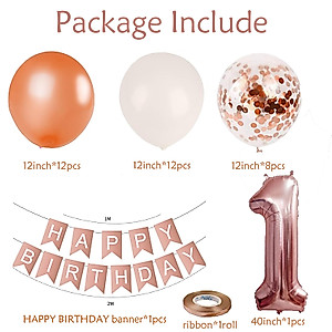 Rose Gold 40inch Number 1 Balloon, First Birthday Decorations For Girl With Rose Gold White Confetti Balloons, Happy Birthday Banner Large 1 Balloon For Baby Girl Princess Birthday Party Decor