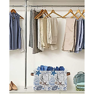 Storage Bins, Nautical Theme Marine Sail Boat Beach Starfish Shell Seashell Storage Baskets for Organizing Closet Shelves Clothes Decorative Fabric Baskets Large Storage Cubes with Handles